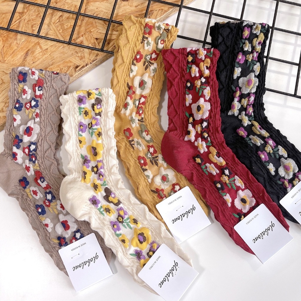 Female's Vintage Flower Socks Japanese Sweet and Elegant Style Embossed ...
