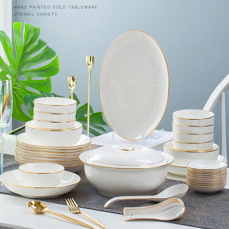 Pure White Circular Ring Gold Edge Dinner Plate Bowl Sauce Ceramic ...