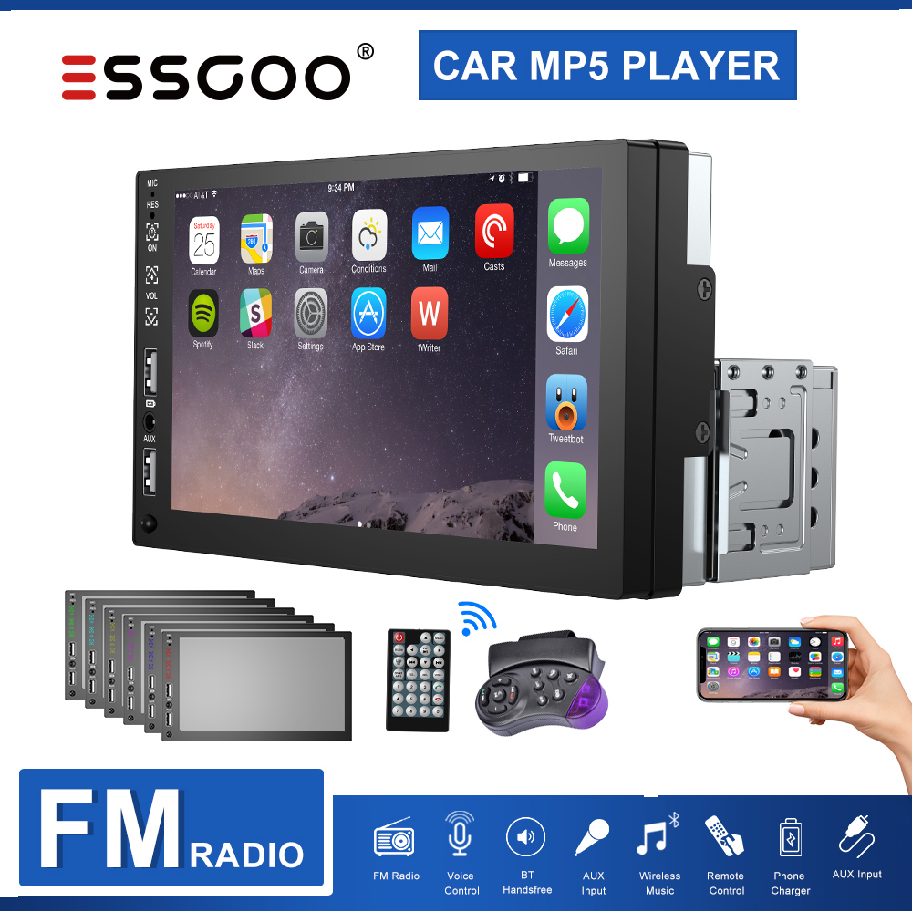 ESSGOO Single 1 Din 7 Inch Car Player Carplay Android Multimedia Video MP5 Player with mirror ...