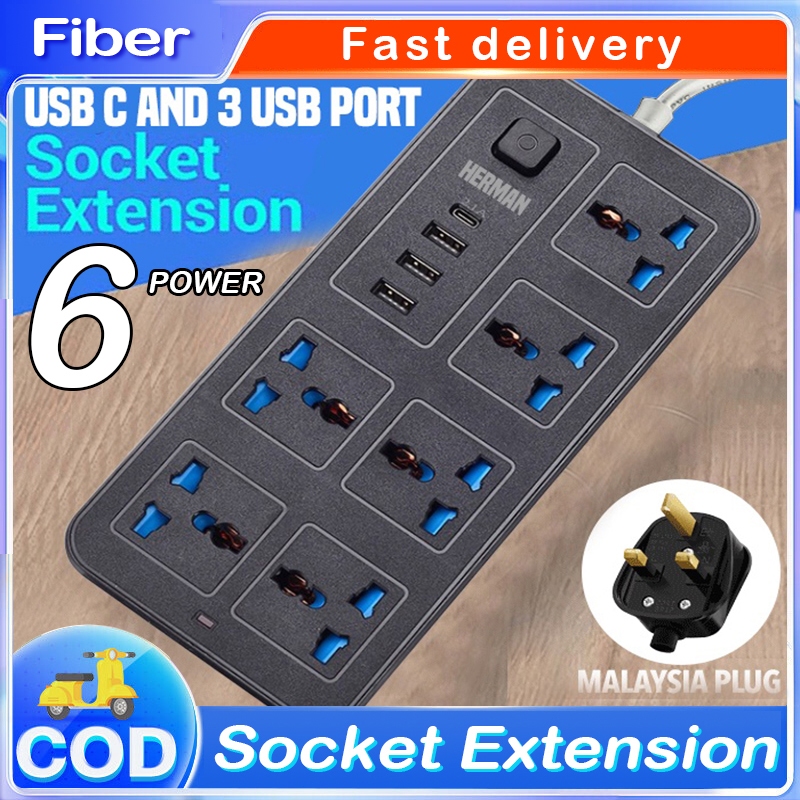 【ready stock】 USB C + 3 USB Port 6 Universal Power Strip Extension Plug ...