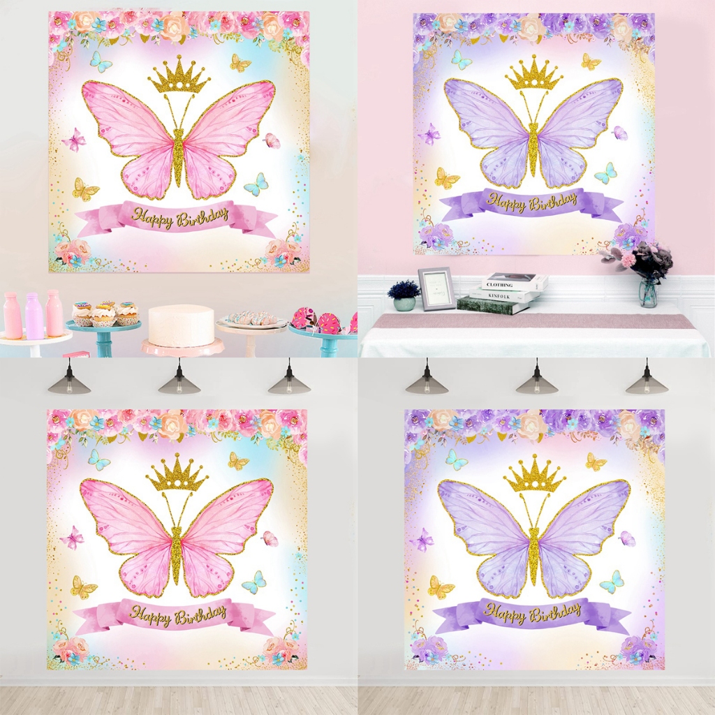 100*100CM Butterfly Birthday Backdrop Polyester Pink Purple Butterfly ...