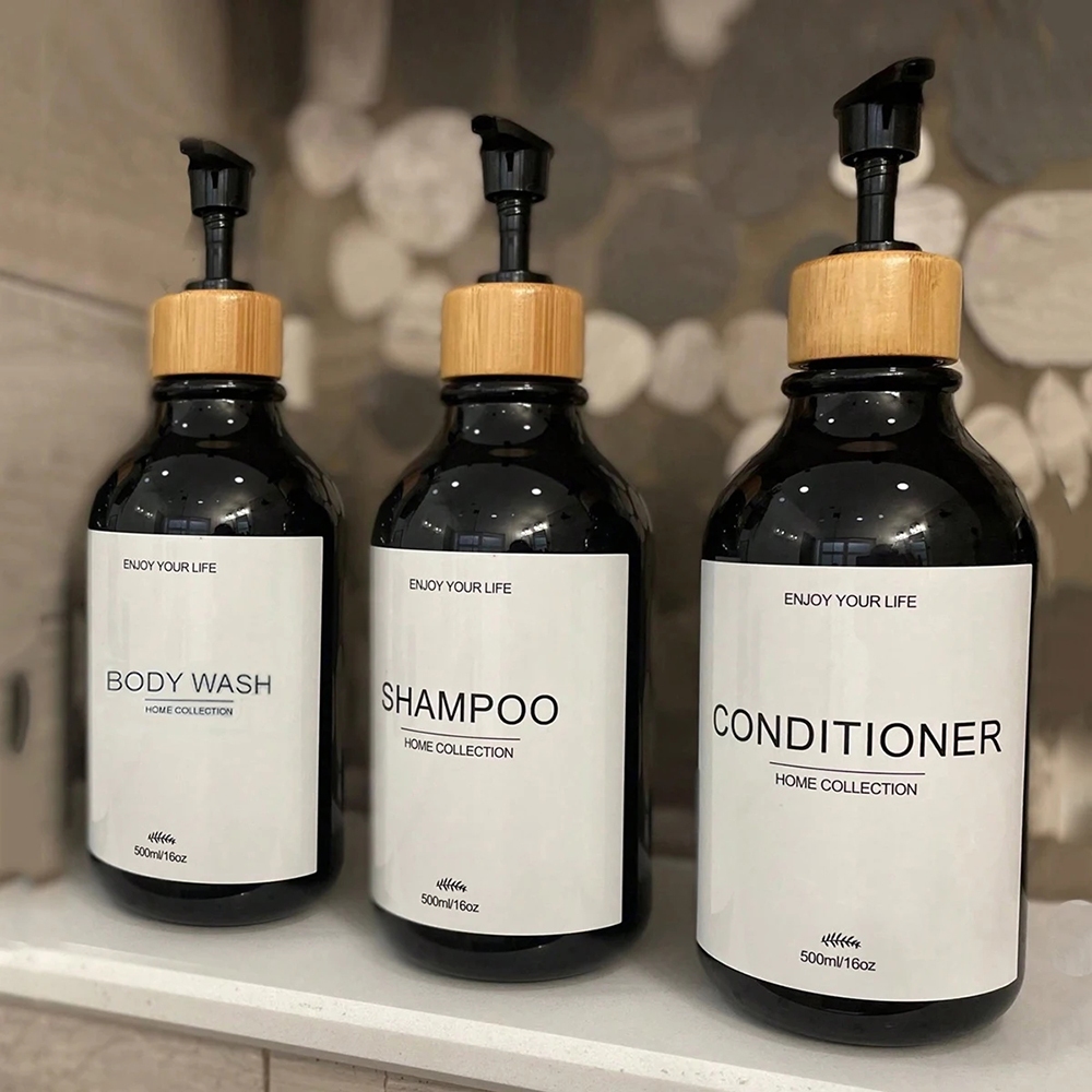 Shampoo and Conditioner Bottle Dispenser Bathroom Bamboo Pump Shower ...