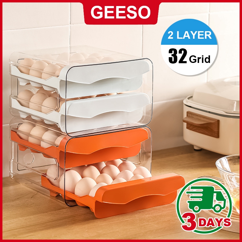 GEESO 32 Grid Double Layer Egg Storage Container Stackable With Drawer ...
