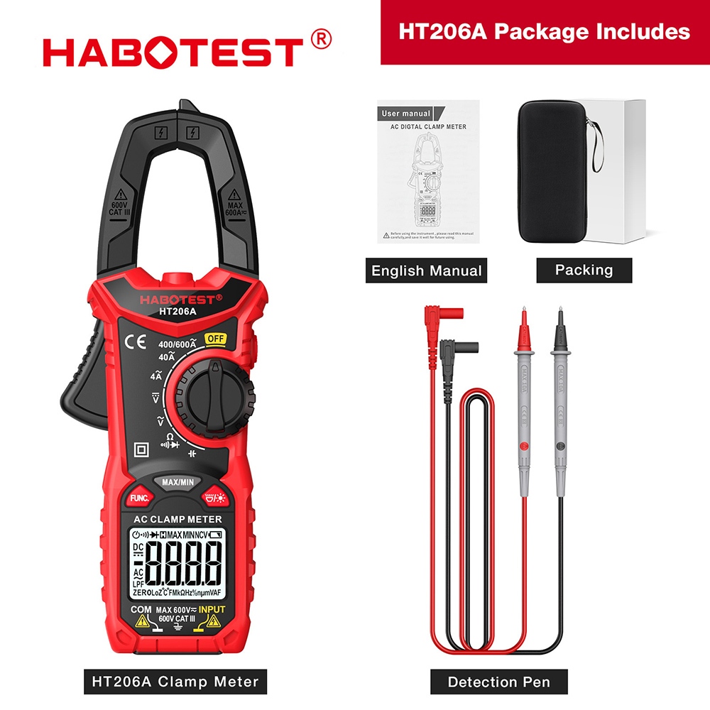 HABOTEST HT206 Digital Clamp Meter 600V AC/DC 6000 Counts Current Auto ...