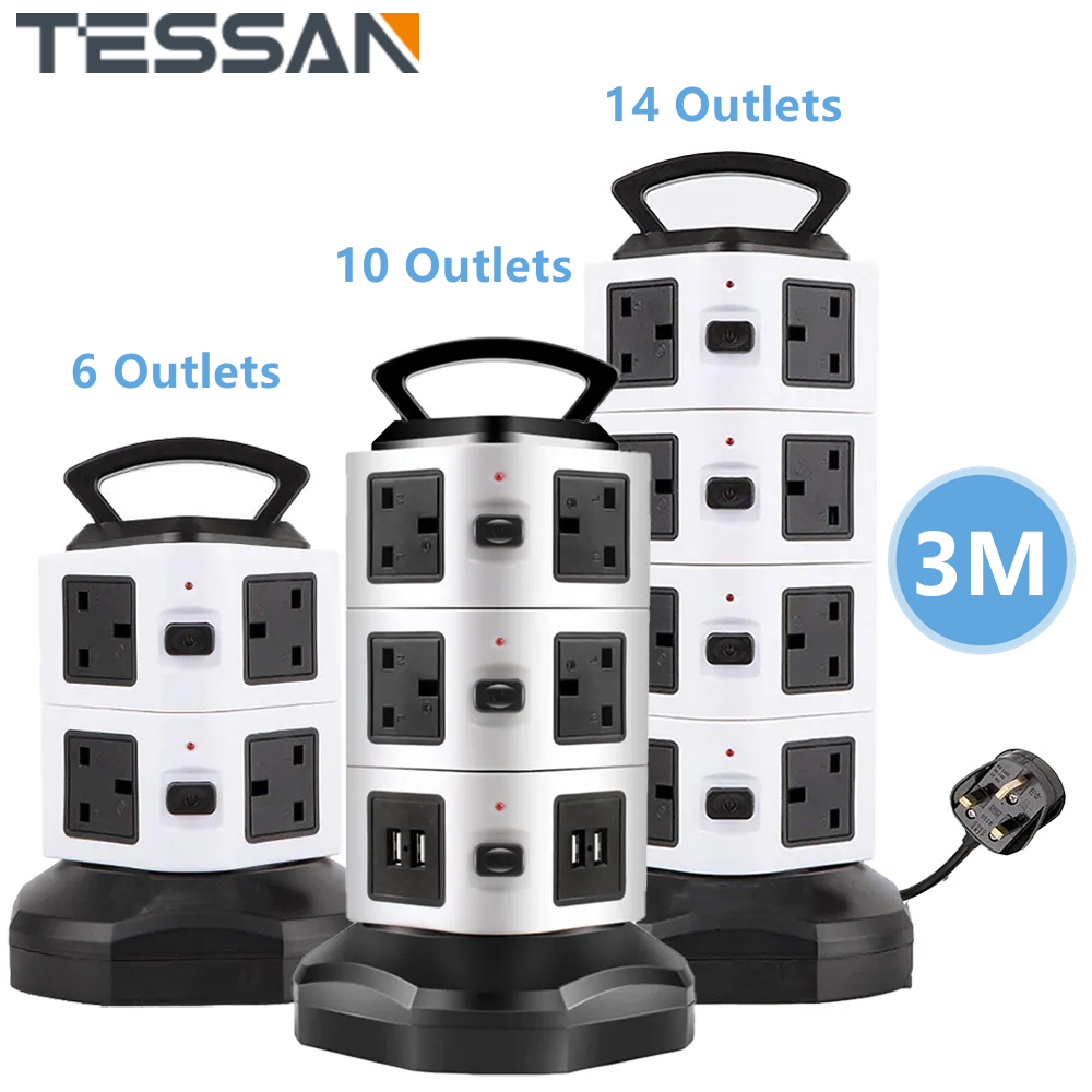 3 Pin UK Plug Vertical Power Strip Tower 3M Extension Cord with 4 USB, TESSAN Multi Plug ...