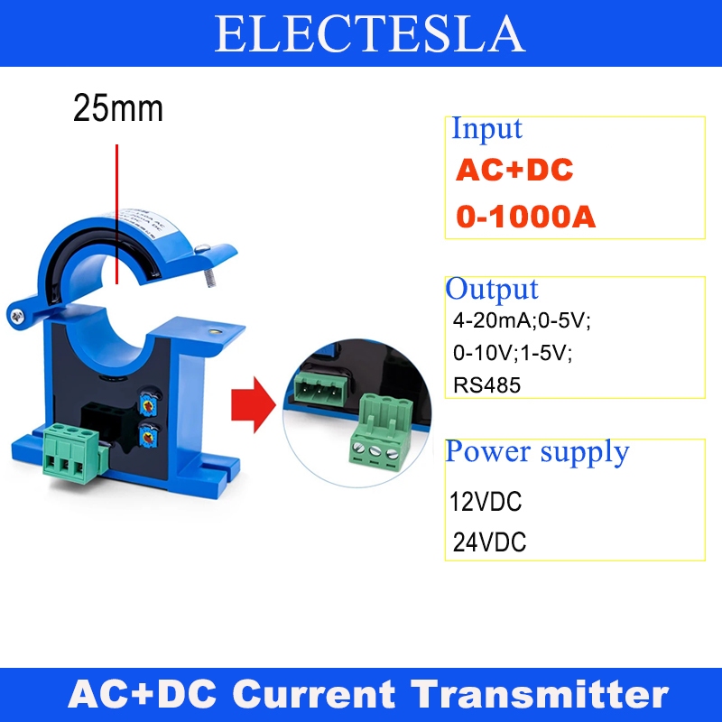 AC DC Hall Current Transmitter 0-1000A Current Transformer 4-20mA 0-10V ...