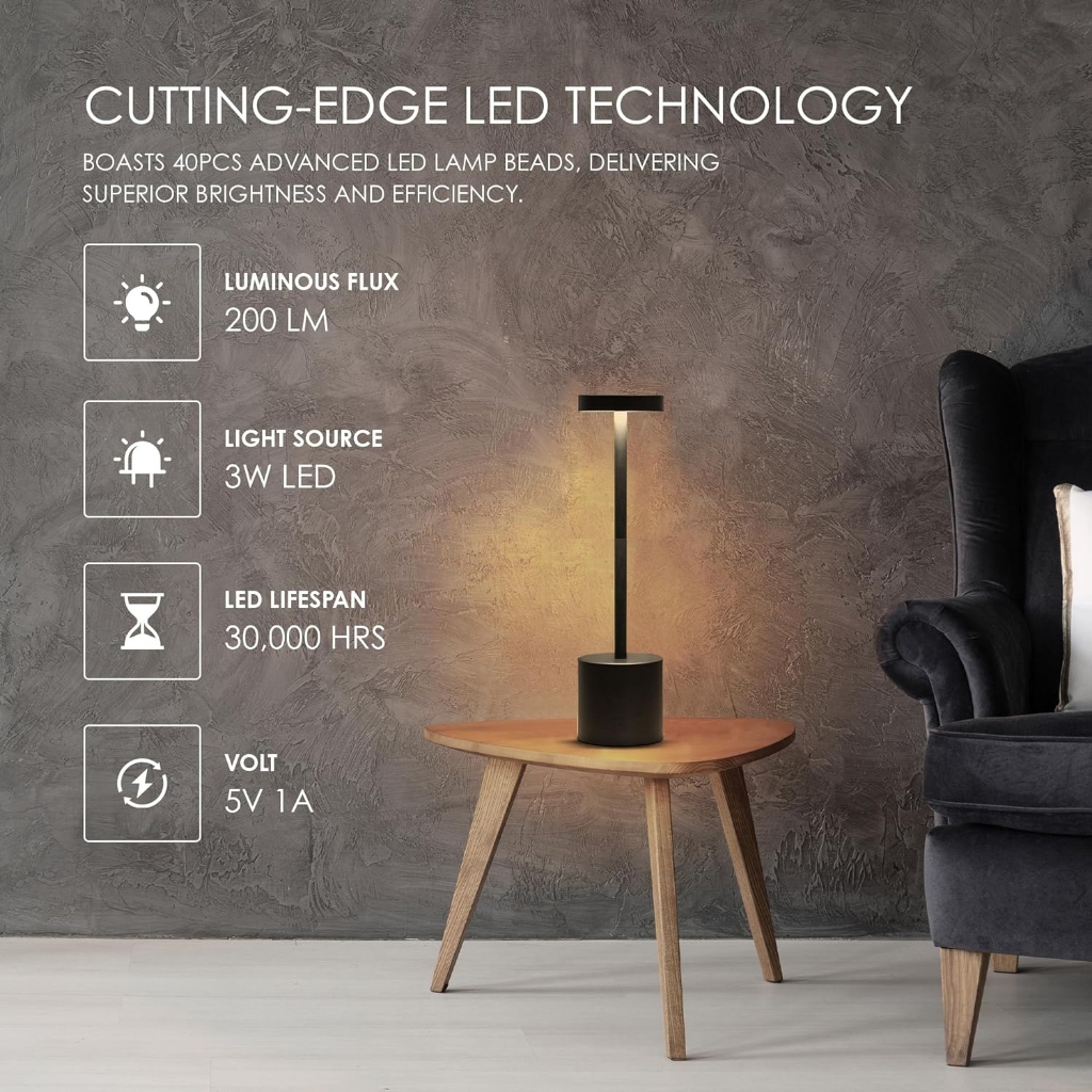 LED Cordless Iron Table Lamps 3 Color Changeable & Dimming Table Light ...