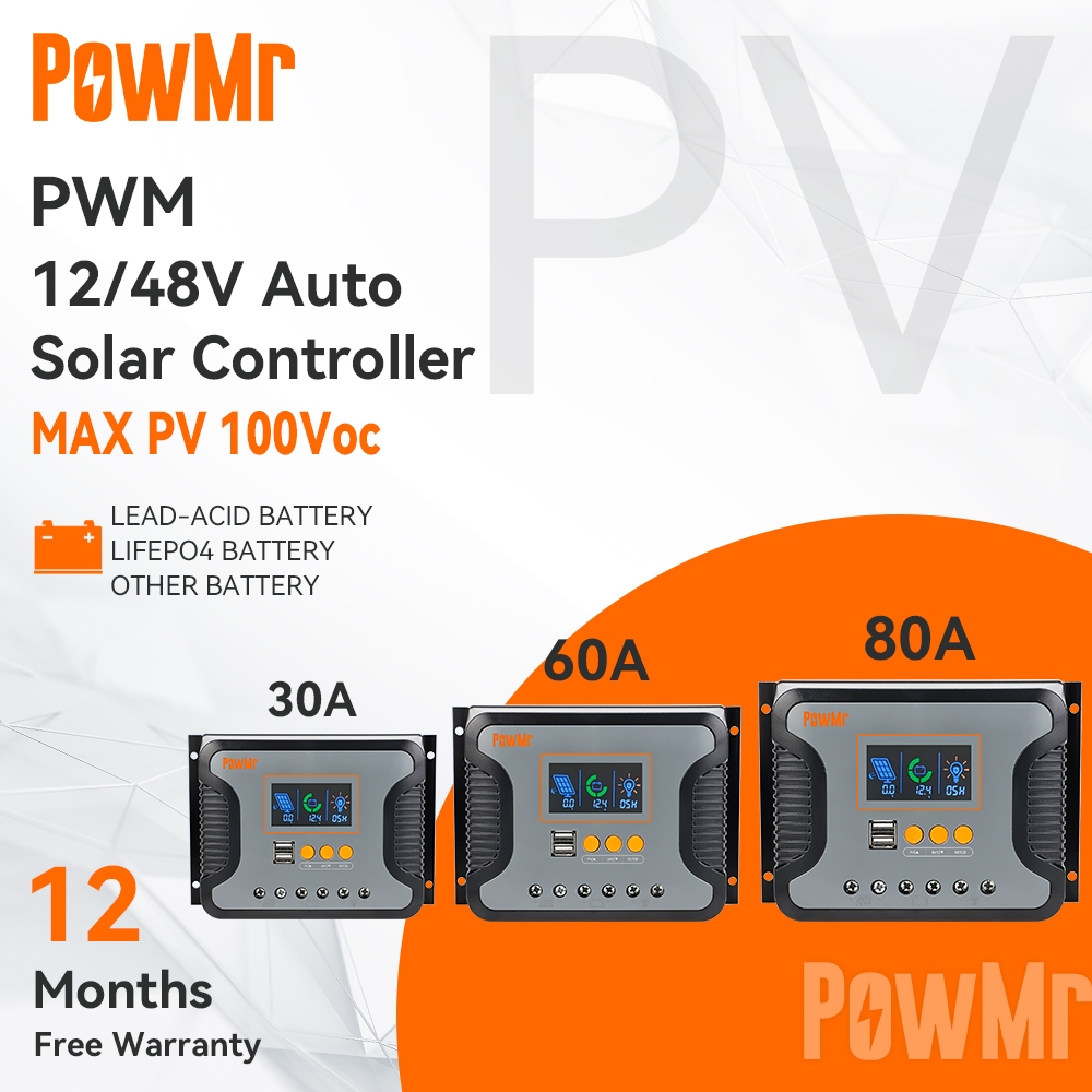 【Local Delivery】PowMr PWM 30A/60A/80A Solar Charge Controller 12V/24V/36V/48V Auto ...