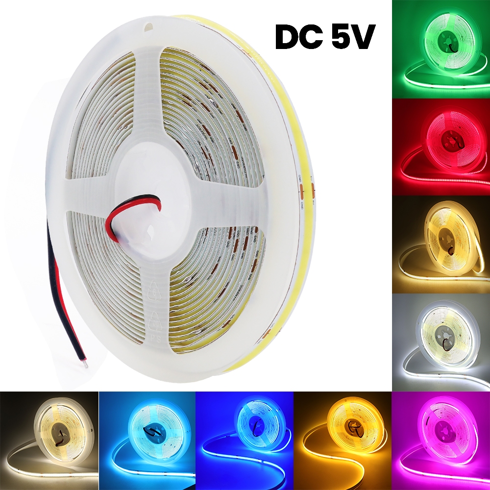 8mm PCB COB LED Strip Ultra Thin 5V DC FOB Tape Light With 2pin Wire 320Leds/m High Density ...