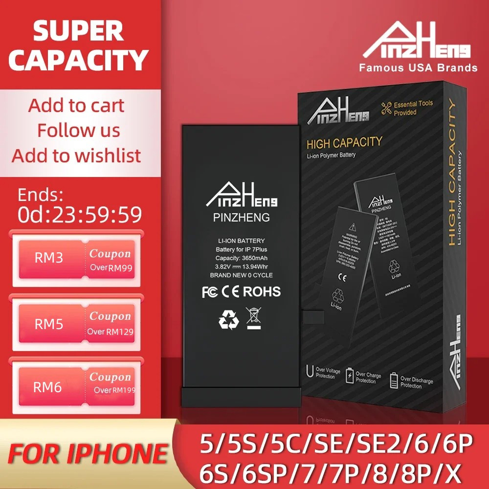Pinzheng Real High Capacity Battery Bateria For 5S SE 5 6 6S 7 8 Plus X ...