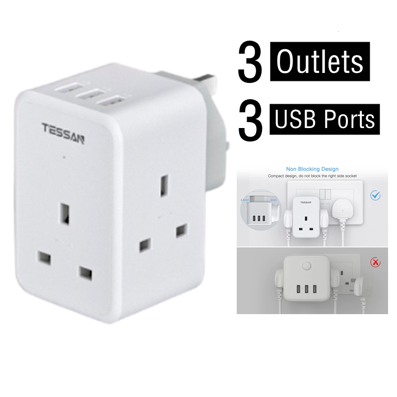 TESSAN Extension Plug Adapter with USB+Type C, Multi Plug Adaptor,Surge ...