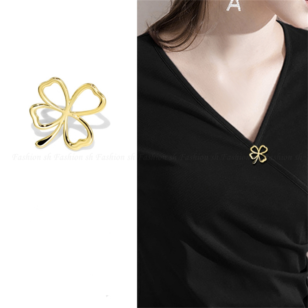 Hollow Clover Gold color Shirt Brooch Buttons Cleavage Pin Safety ...
