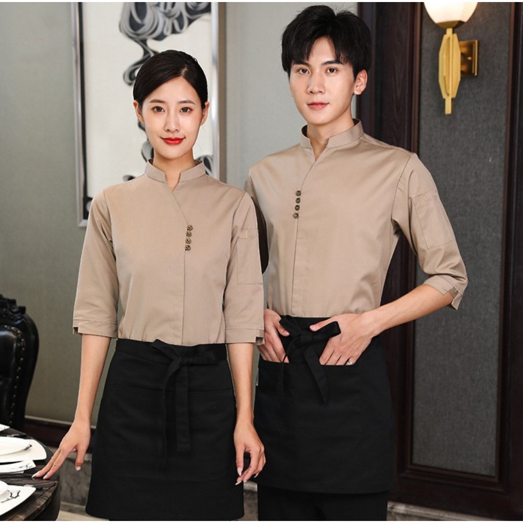 Hotel uniforms, male waiters work clothes, mid-sleeves, three-quarter ...