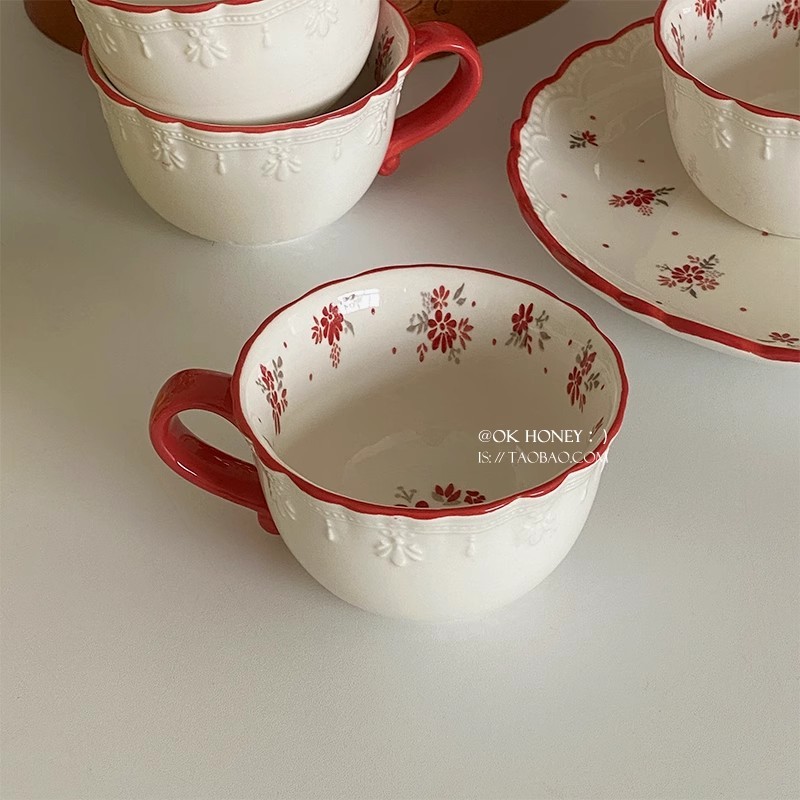 Korean red small floral ceramic coffee cup ins underglaze color ...