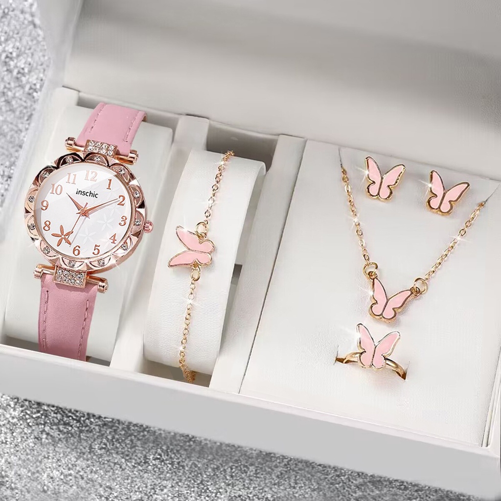 5PCS Women Quartz Watch Starfish Dial Butterfly Diamond Inlay Lady ...