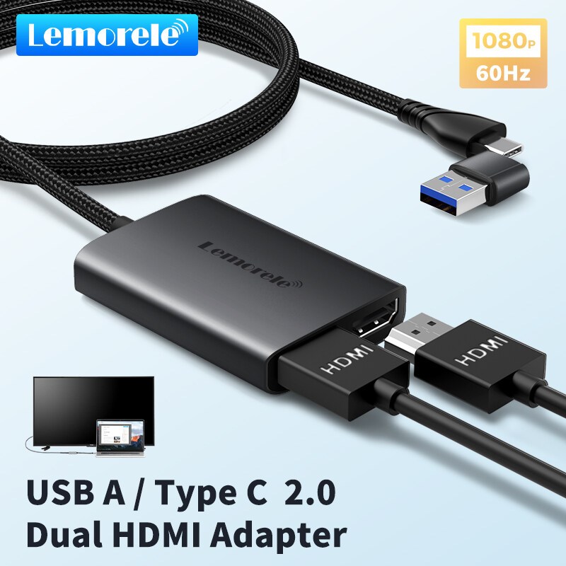 Lemorele HD10 Hub USB-A USB-C Adapter Type-C/USB-A 2.0 To Dual HDMI ...