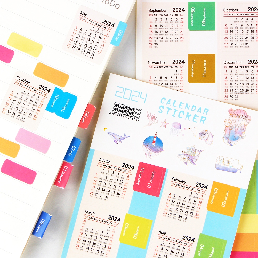 2 Sheets 2024 Year Monthly Calendar Index Page Stickers Bookmark ...