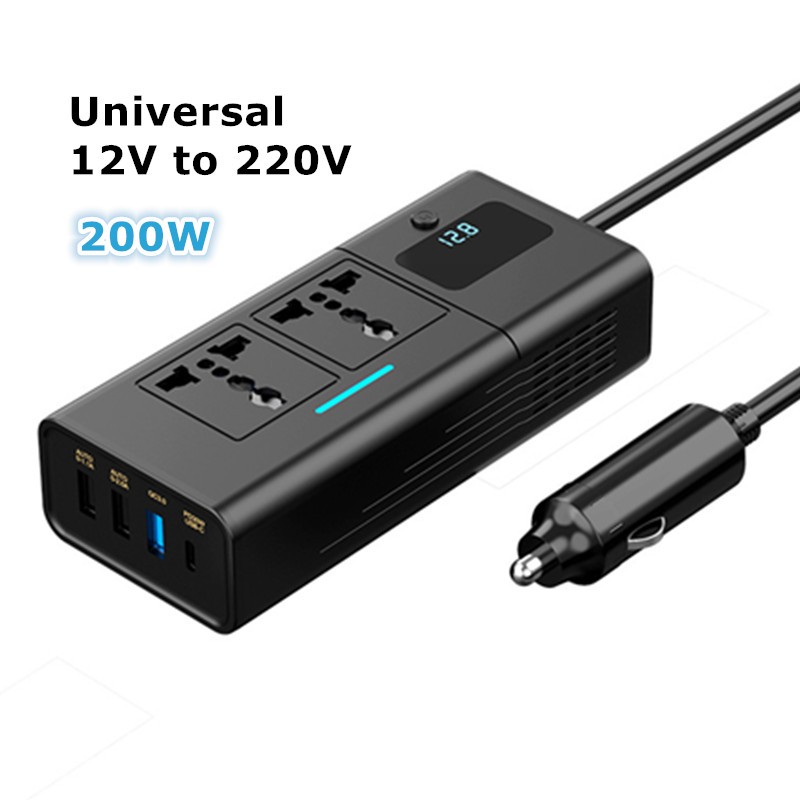 200W Car Power Inverter 12V to 220-240V AC Universal Socket USB-C USB-A ...