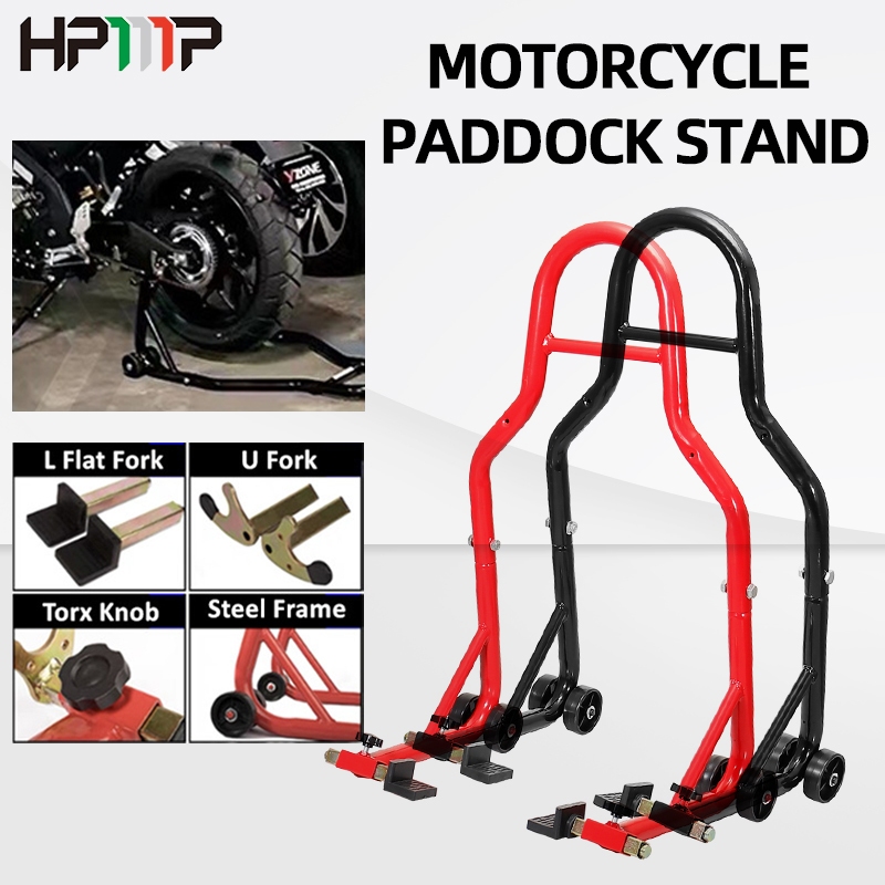 UNIVERSAL 2 IN 1 MOTORCYCLE PADDOCK STAND REAR WHEEL CHOCK HEAVY DUTY ...