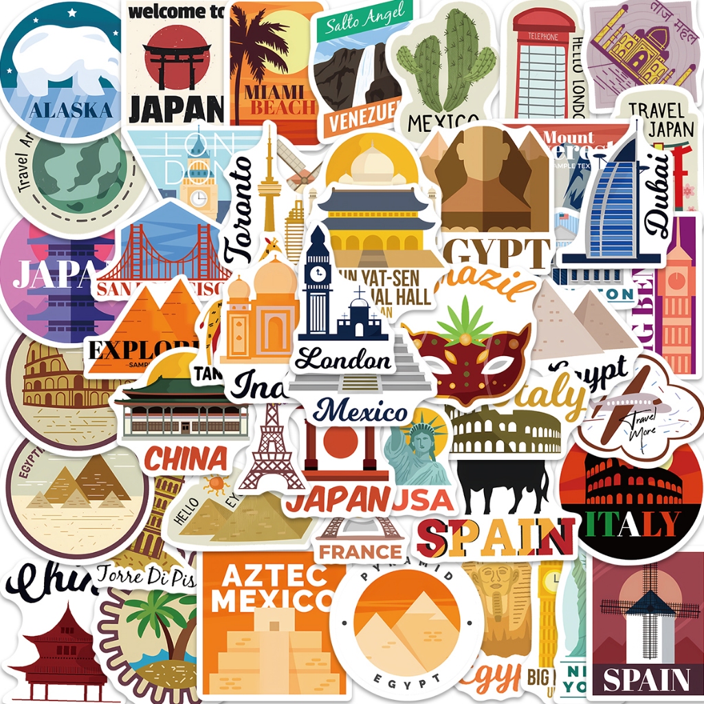 50pcs Stickers World City Landmarks Graffiti Cartoon Skateboard ...