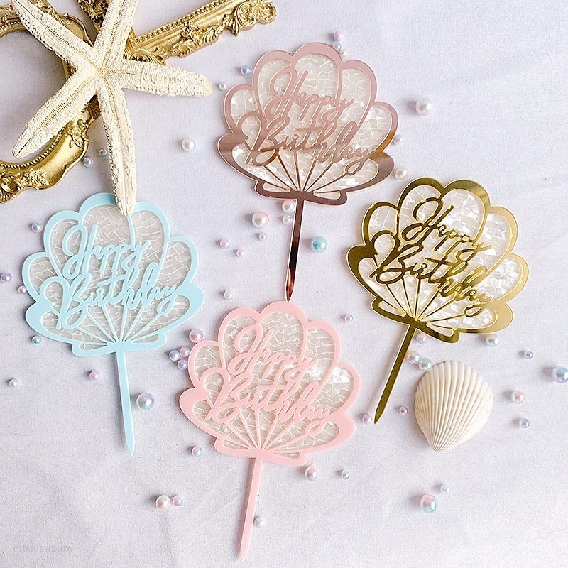 Ocean Theme Happy Birthday Cake Topper Acrylic Shell Cake Decoration ...
