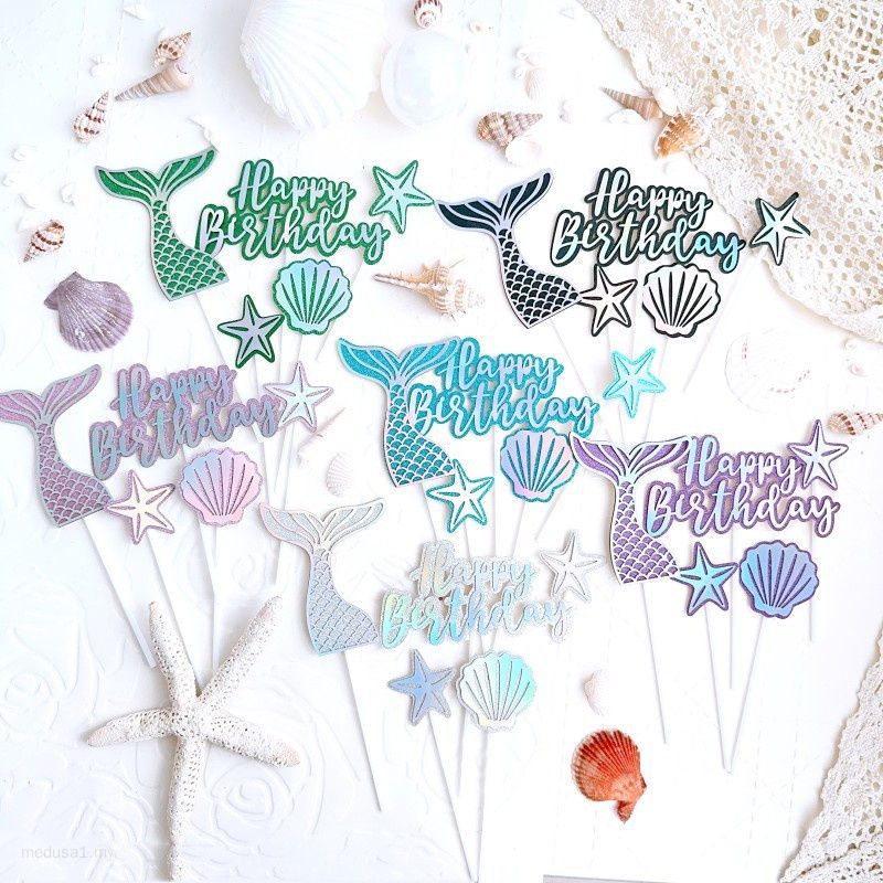 Mermaid Happy Birthday Cake Toppers Shell Fishtail Starfish Decorations ...