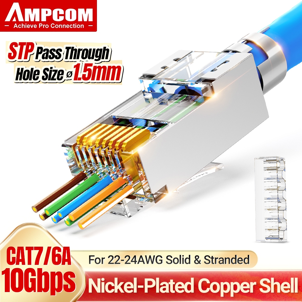 AMPCOM Pass Through CAT7 RJ45 Connector, CAT6A/7 50U Gold-plated Pass Thru Shielded STP rj45 ...