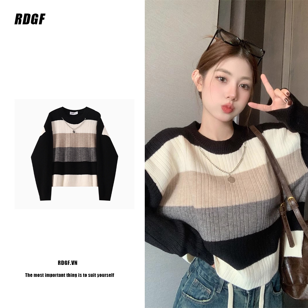RDGF Fashion Loose Striped Round Neck Knitted Sweater Autumn/Winter Top ...