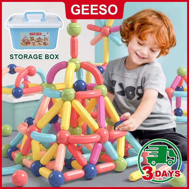 GEESO 64PCS Kids Magnetic Stick Balls Building Toy Blocks With Storage ...