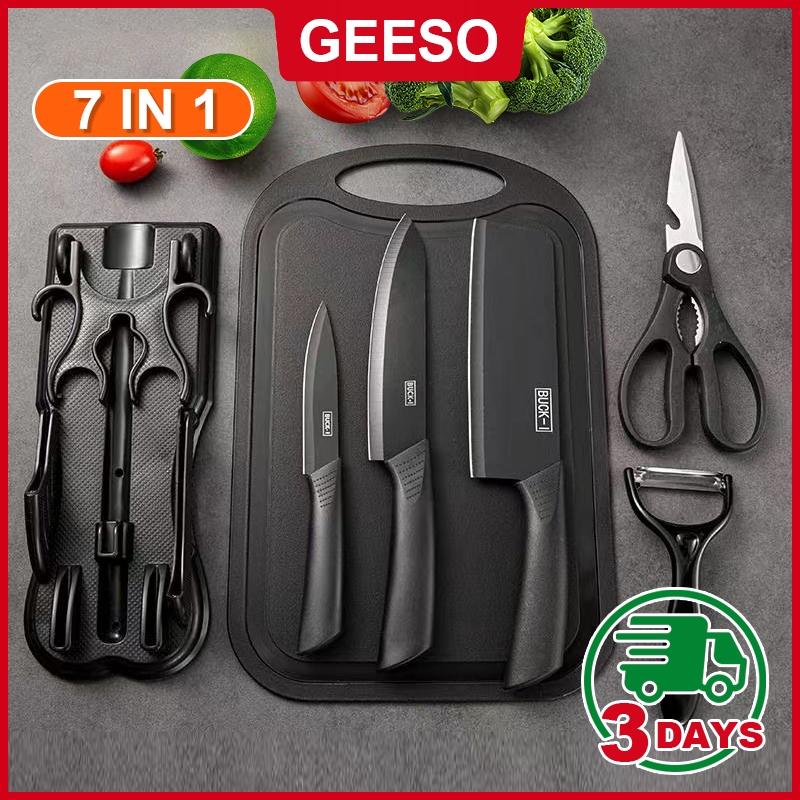 GEESO 7 in 1 Black Steel Nonstick Kitchen Knife Set Dapur Pisau Gunting ...