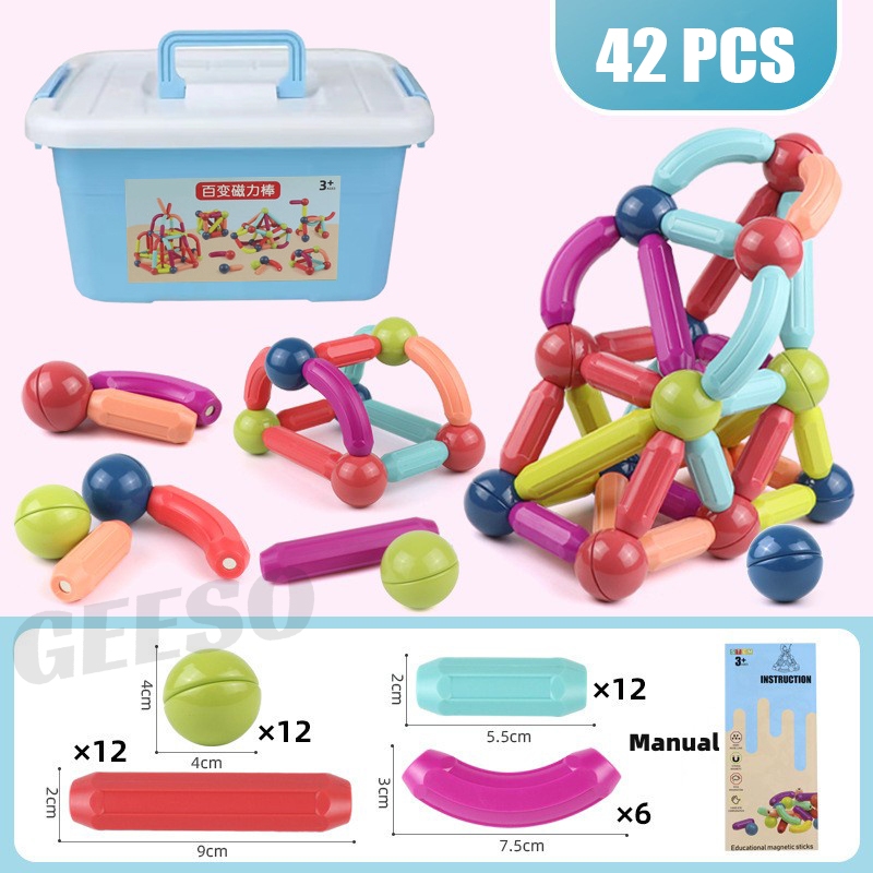 GEESO 64PCS Kids Magnetic Stick Balls Building Toy Blocks With Storage ...