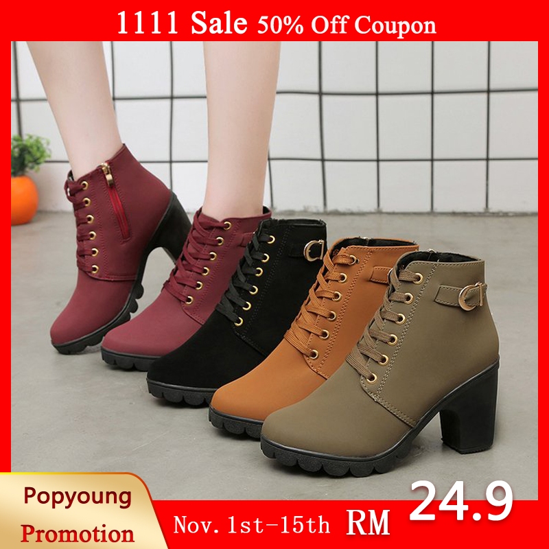 High Heel Thick Heel Women's Boots Lace Up Short Tube Boots Martin ...
