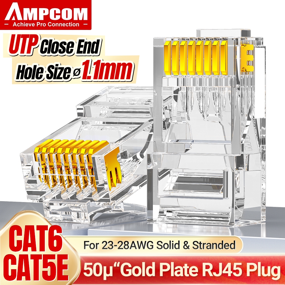 AMPCOM CAT6 RJ45 Connectors, RJ45 Modular Plug Connector UTP 50μ Gold-Plated Two-Pieces 8P8C ...