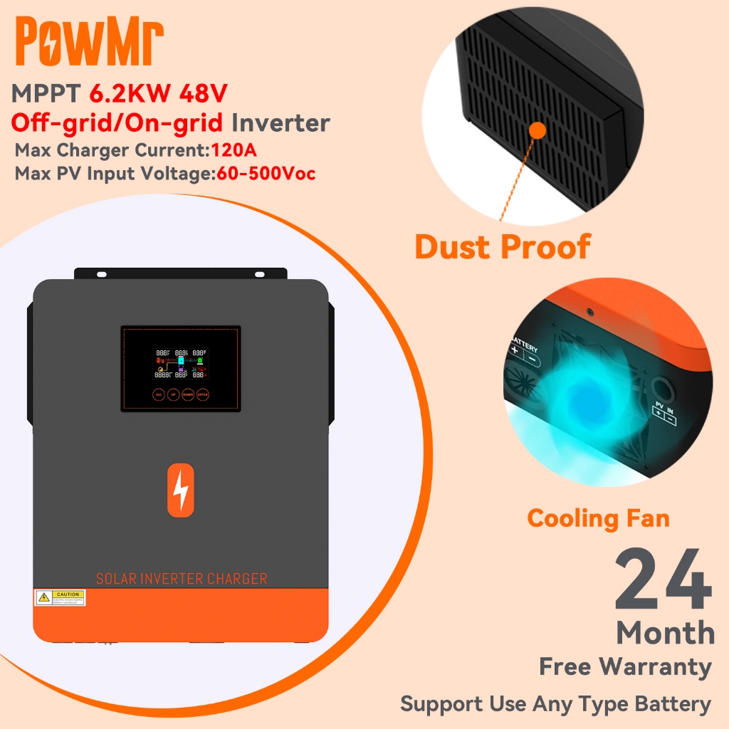 PowMr MPPT 6.2KW Pure Sine Wave Solar Hybrid Inverter Built-in 120A ...