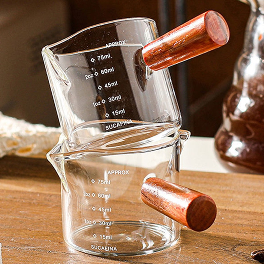Double Spouts Measuring Triple Pitcher Milk Cup with Wood Handle 75ML Espresso Shot Glasses ...