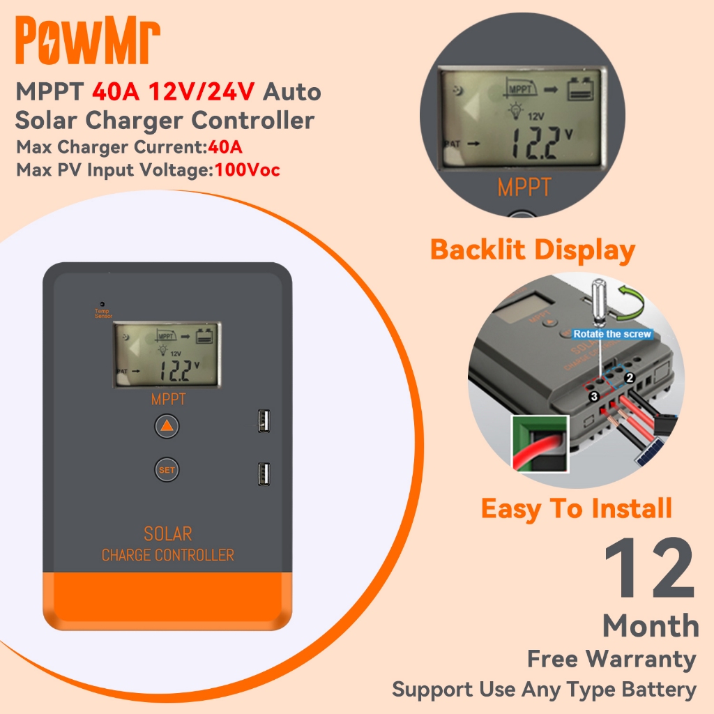 【Official Store】PowMr MPPT 40A Solar Charger Controller 12V/24V Auto ...