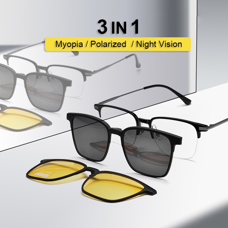 3 in 1 Pure Titanium ULTEM Glasses Frame Men Square Half Frame Polarizers Sunglasses Night ...