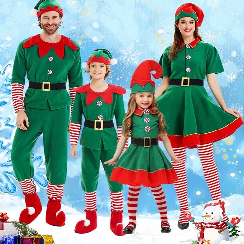 Kids Christmas Santa Claus Costume Green Elf Cosplay Family Carnival ...