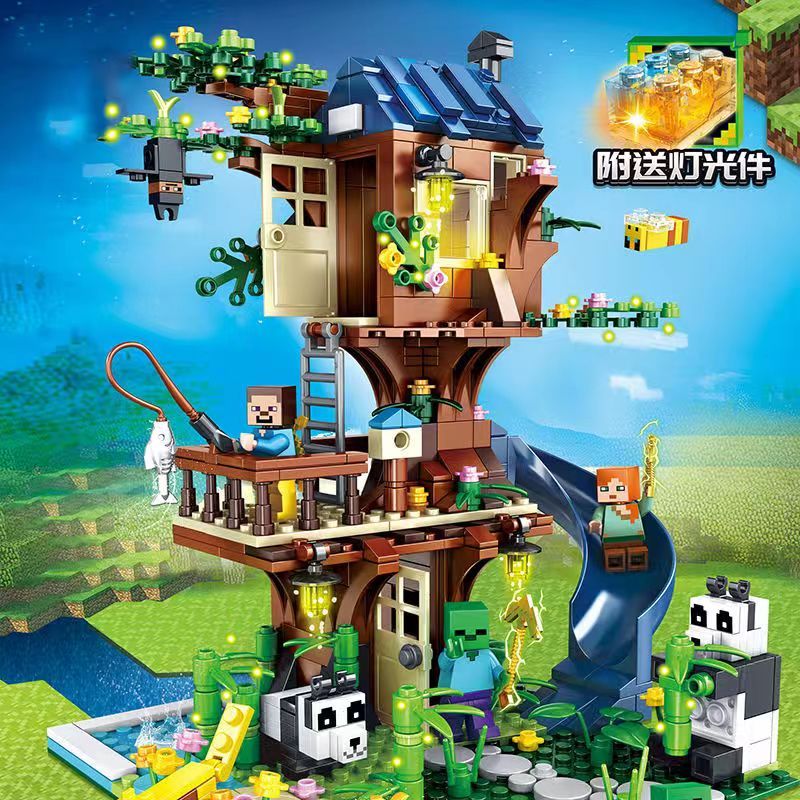 706pcs Minecraft Panda Tree House Slide Village House Steve Assembled Building Block Toy Boy ...