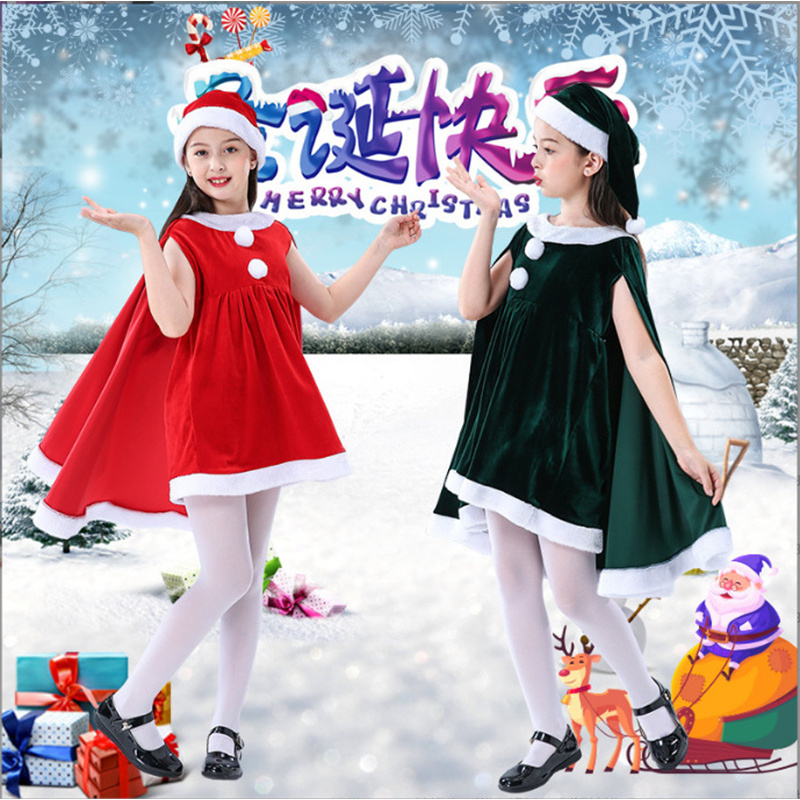 2024 NEW Kid Girls Christmas Costume Green Red Santa Claus Cloak Dress ...