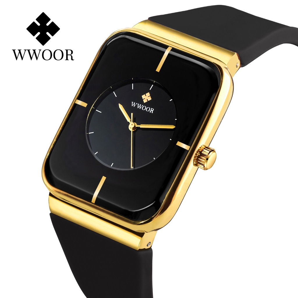 Wwoor New Style Sports Men's Watch Fashion Square PU Rubber Band Quartz ...