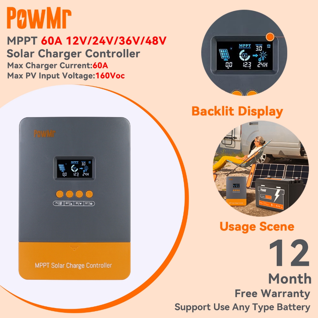 PowMr MPPT 60A Solar Charge Controller 12V/24V/ 36V/48V Automatic LCD ...