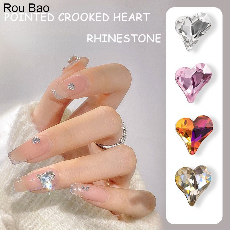 Rou Bao 10pcs Nail Crooked Heart Rhinestone Diamond Crystal Bridal Nails Art Charms Light Luxury ...