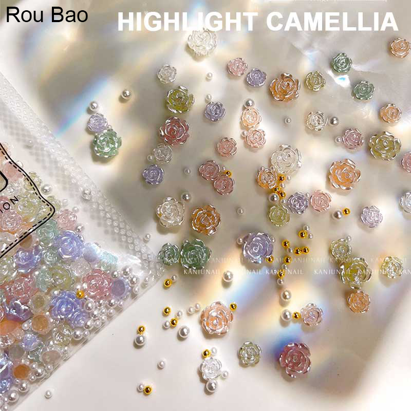 Rou Bao 50pcs Nail Highlight Camellia Rose Flower Aurora Glitter Resin ...