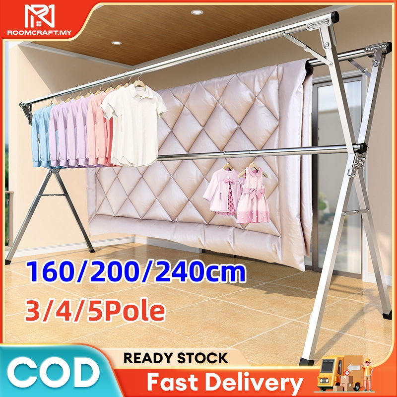 240/200/160cm Ampaian baju stainless steel /Rak Baju Extendable ...