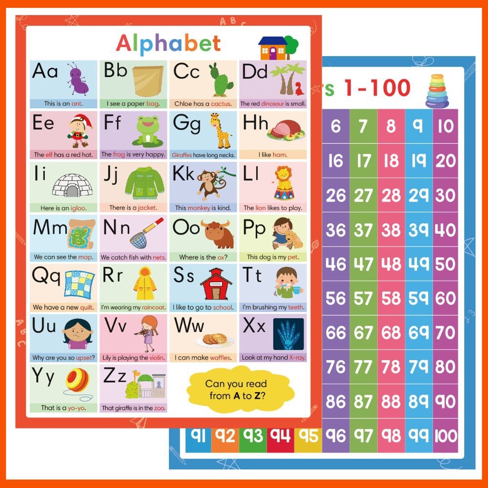 2 pcs Children Educational Posters English Alphabet Numbers 1-100 Educational Preschool A4 ...