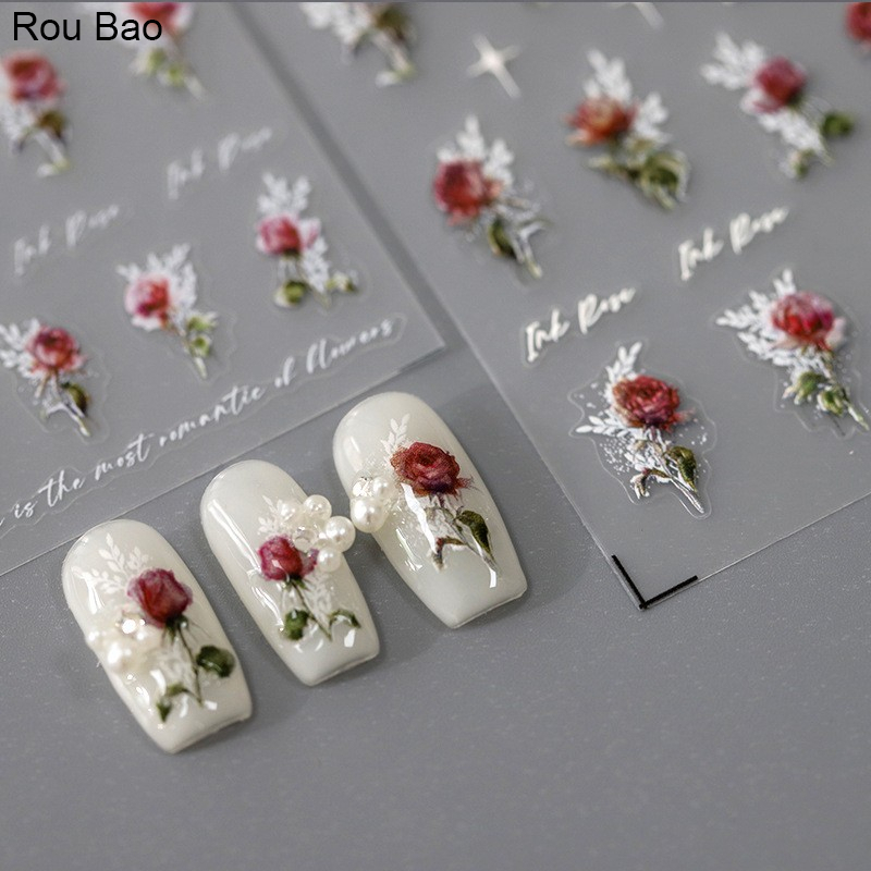 Rou Bao MN-292F 5D Nail Embossed Stickers Girly Ink Rose Flower Thin ...