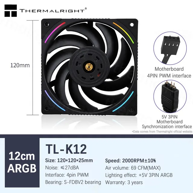 Thermalright TL-K12 120mm Case Fan High-performance Wind Presssure Fan S-FDB V2 Bearing 5V/3PIN ...