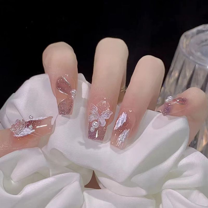 24Pcs/BOX Fake Nails with Glue Diamonds and Butterfly Nail Art Boutique ...