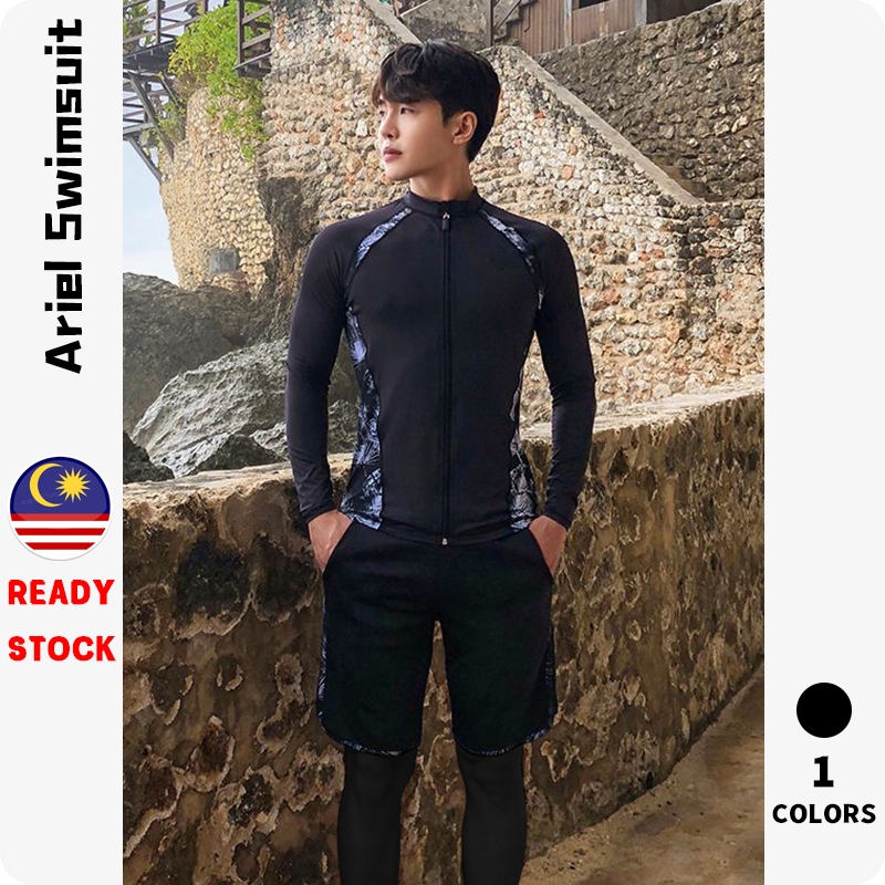 『Ariel』Ready stock Swimsuit man 3 piece set Korean Wetsuit Zipper Split ...